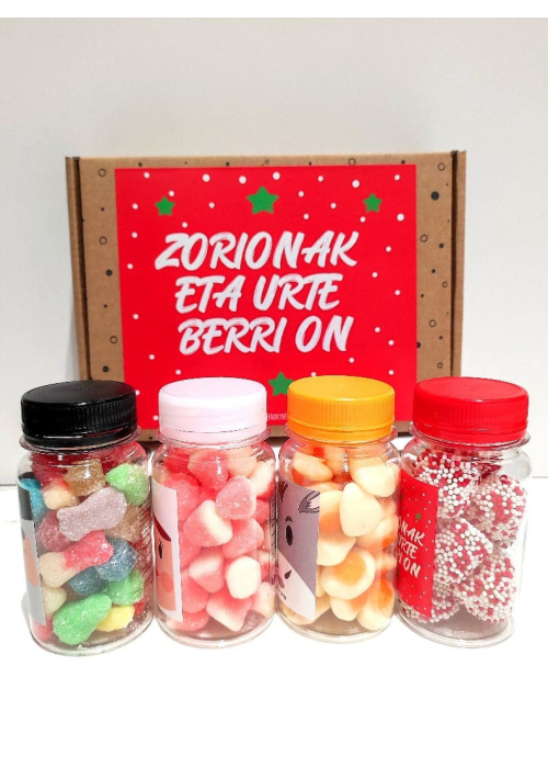 Comprar regalos originales - Caja de Cuatro Botes de Chuches Olentzero